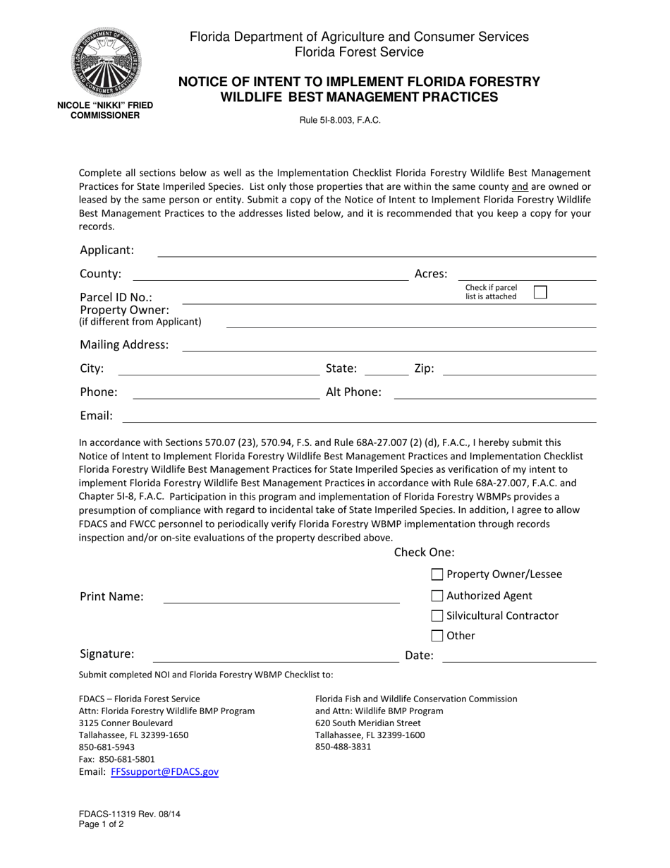 Form FDACS-11319 Download Fillable PDF or Fill Online Notice of Intent ...