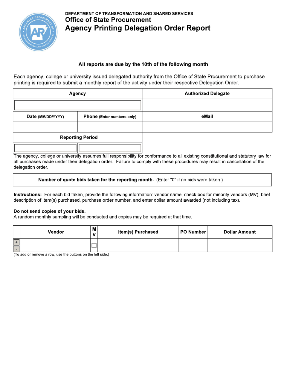Arkansas Agency Printing Delegation Order Report - Fill Out, Sign ...
