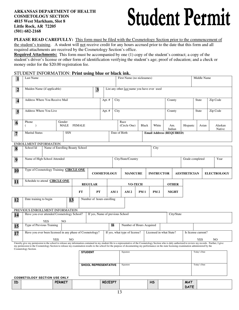 Arkansas Student Permit - Fill Out, Sign Online and Download PDF ...