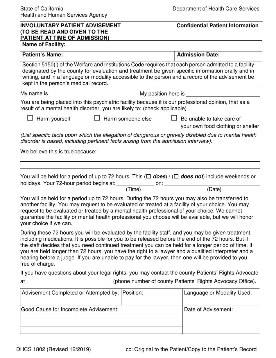 Form DHCS1802 Download Fillable PDF or Fill Online Involuntary Patient ...