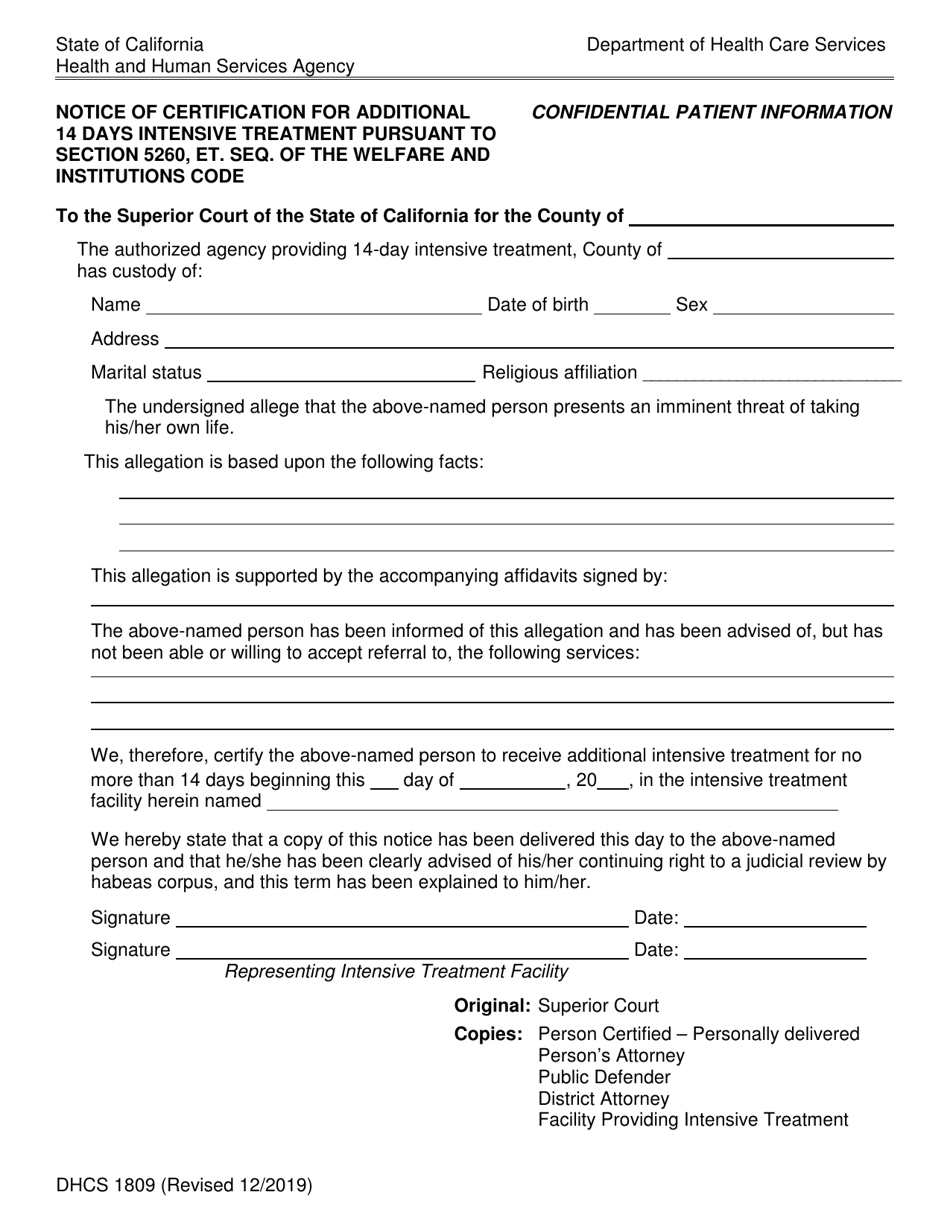 Form DHCS1809 Download Fillable PDF or Fill Online Notice of ...