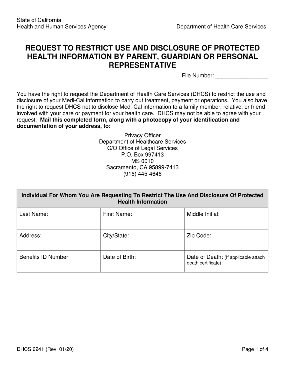 Form DHCS6241 Download Fillable PDF or Fill Online Request to Restrict Use and Disclosure of ...