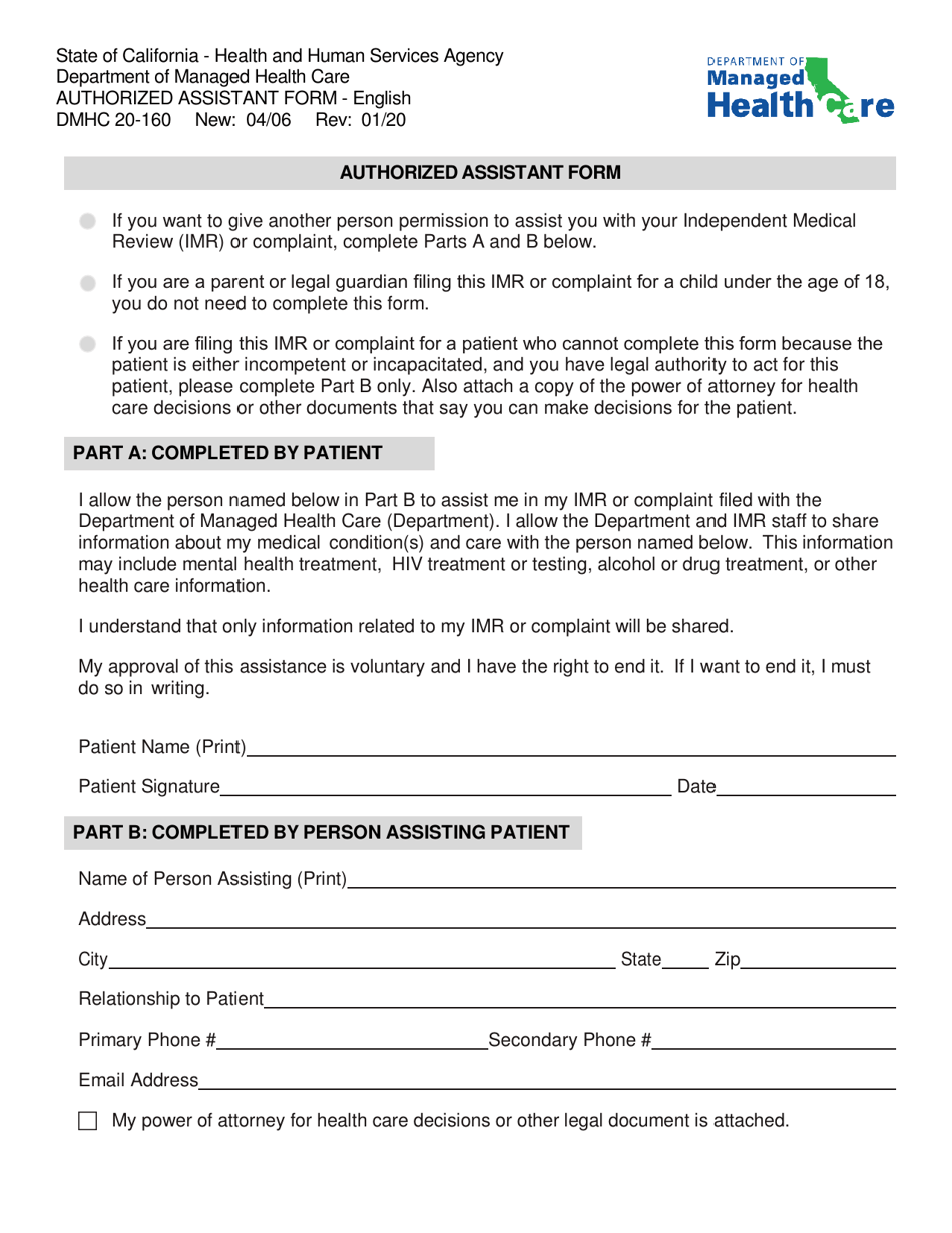 Form DMHC20-160 - Fill Out, Sign Online and Download Printable PDF ...
