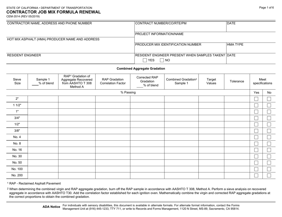 Form CEM-3514 Download Fillable PDF or Fill Online Contractor Job Mix ...