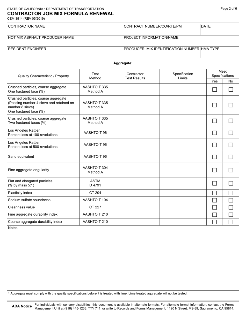 Form CEM-3514 Download Fillable PDF or Fill Online Contractor Job Mix ...
