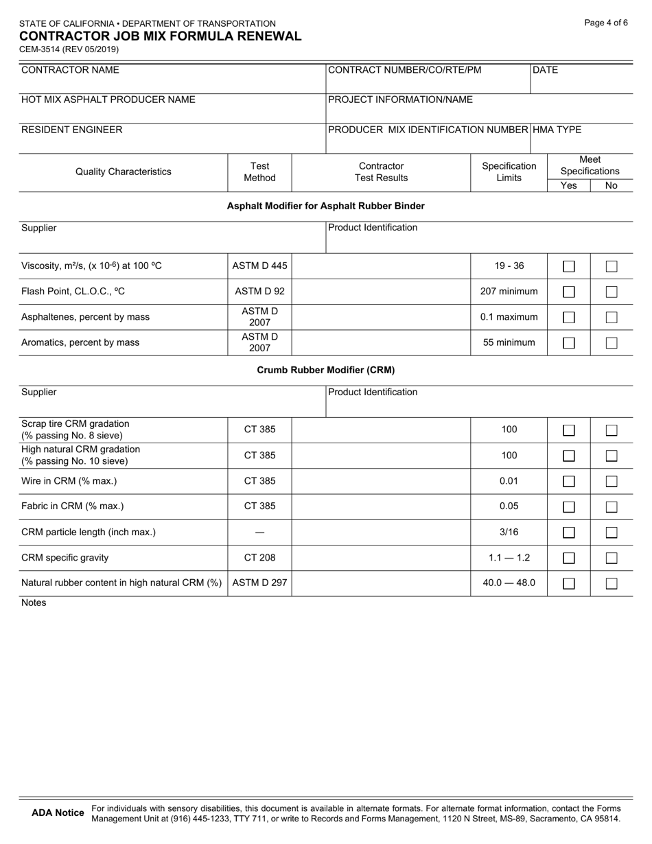 Form CEM-3514 Download Fillable PDF or Fill Online Contractor Job Mix ...