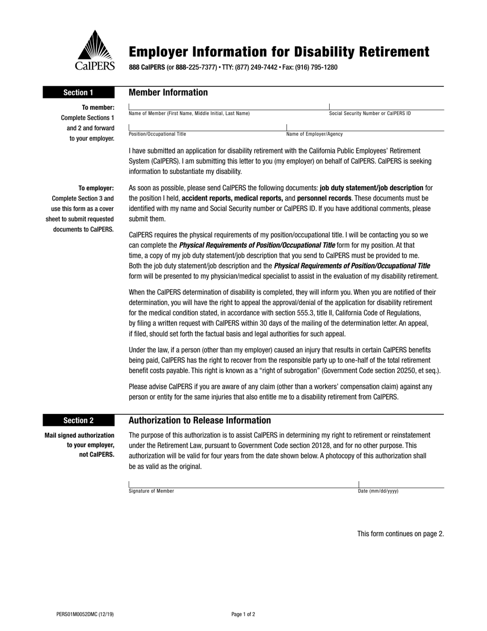 Form PERS01M0052DMC Download Fillable PDF or Fill Online Employer ...