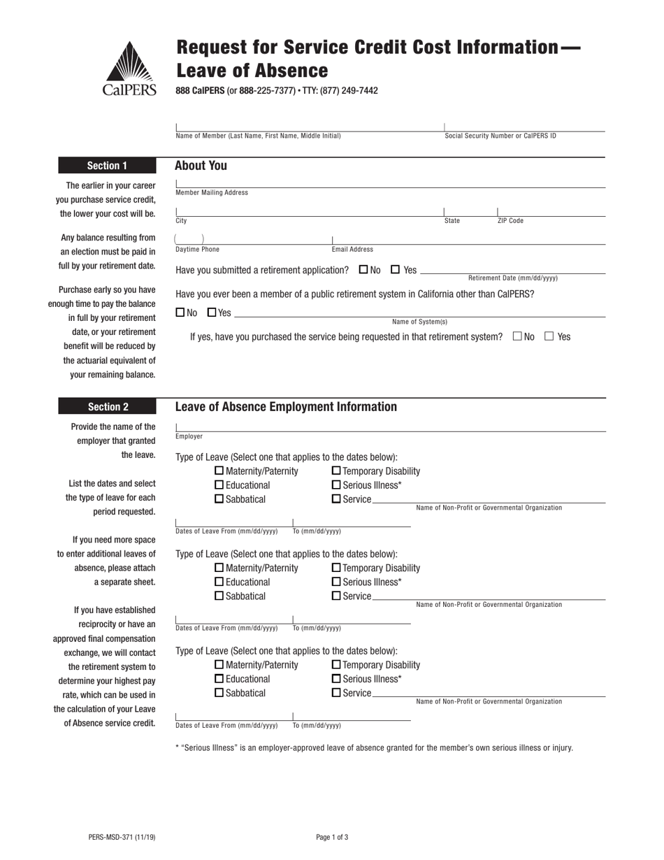 Form PERS-MSD-371 Download Fillable PDF or Fill Online Request for ...
