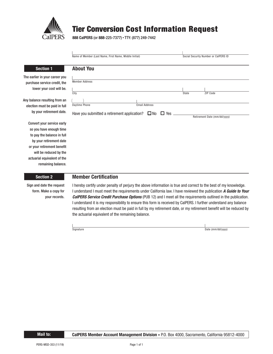 Form PERS-MSD-353 Download Fillable PDF or Fill Online Tier Conversion ...