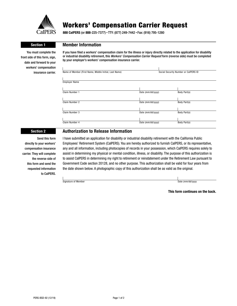Form PERS-BSD-92 Download Fillable PDF or Fill Online Workers ...