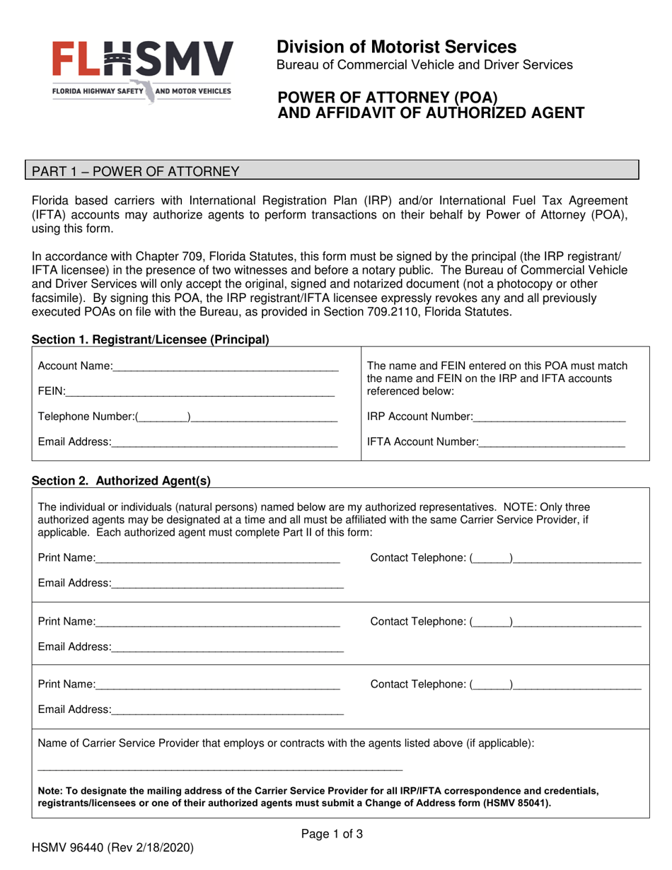Form HSMV96440 Download Fillable PDF or Fill Online Power of Attorney ...