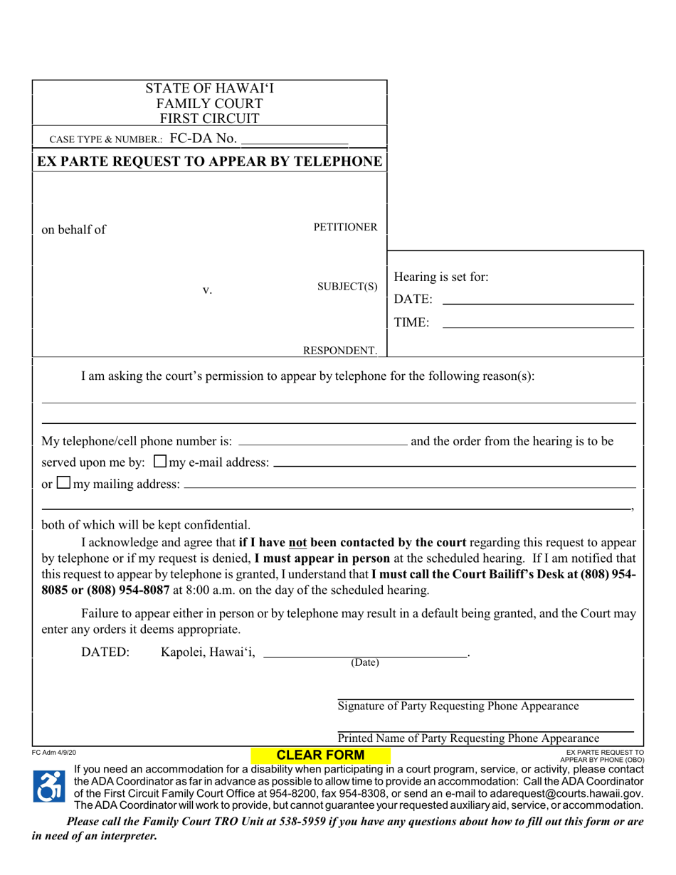 Hawaii Ex Parte Request to Appear by Telephone - Fill Out, Sign Online ...