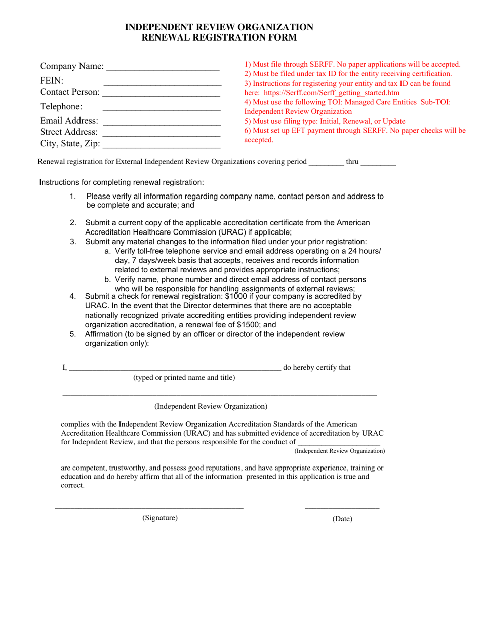 Illinois Independent Review Organization Renewal Registration Form ...