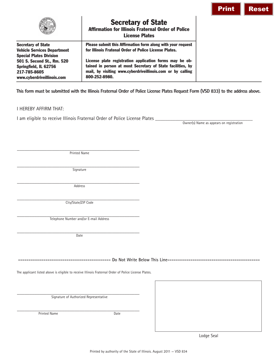 Form VSD834 - Fill Out, Sign Online and Download Fillable PDF, Illinois ...