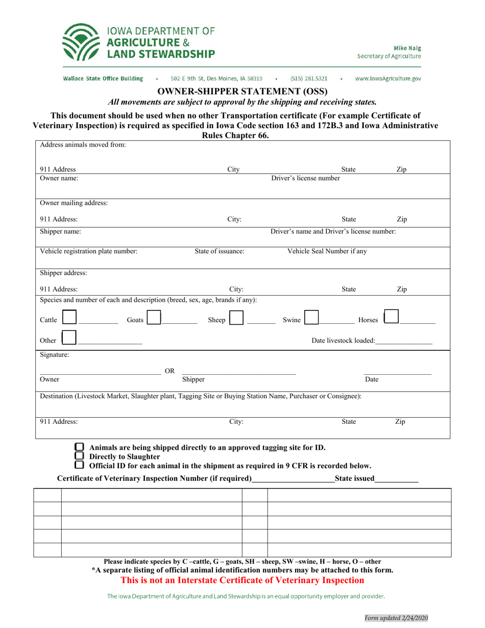 Iowa Owner-Shipper Statement (Oss) - Fill Out, Sign Online and Download ...
