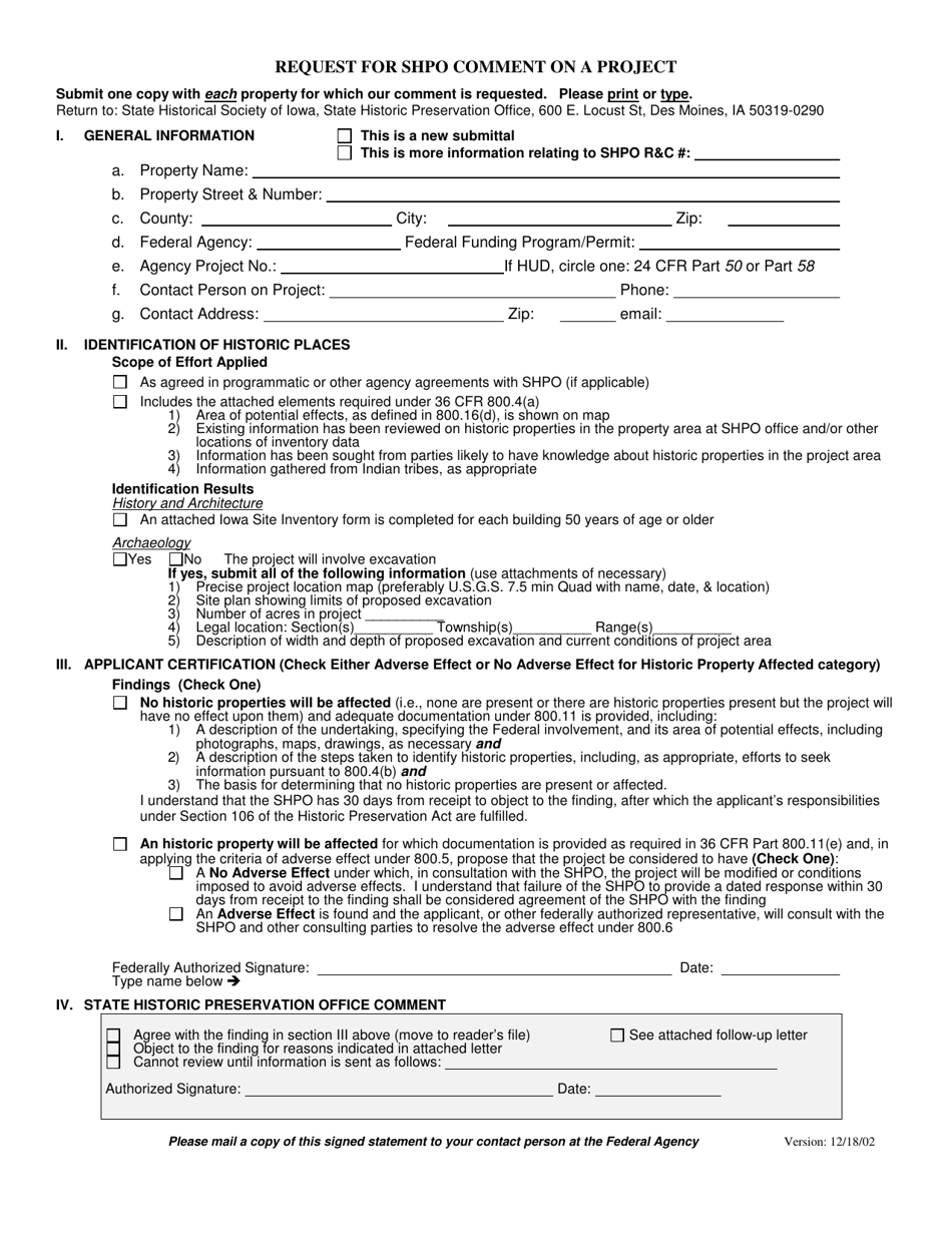 Iowa Request for Shpo Comment on a Project - Fill Out, Sign Online and ...
