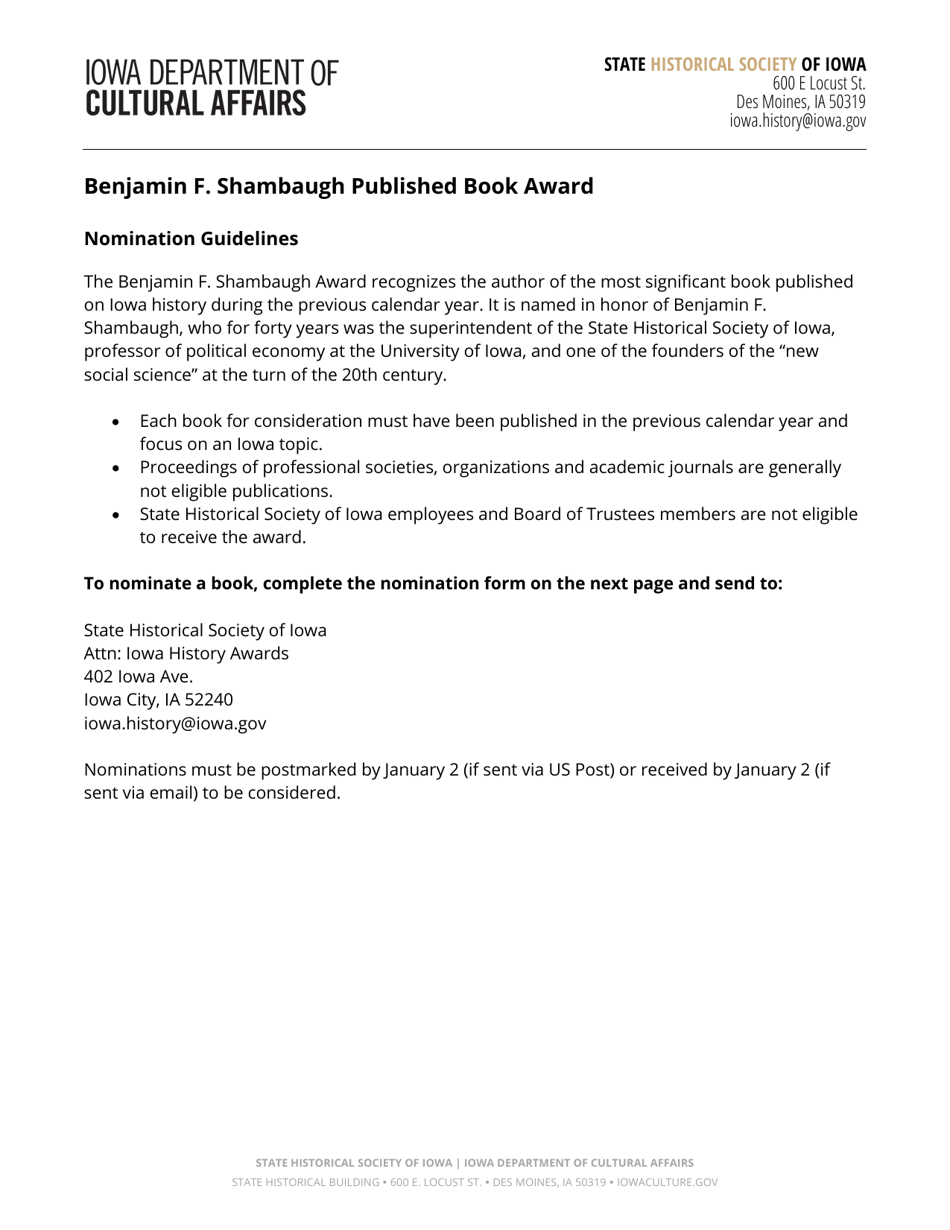 Iowa Benjamin F. Shambaugh Published Book Award Nomination Form - Fill ...