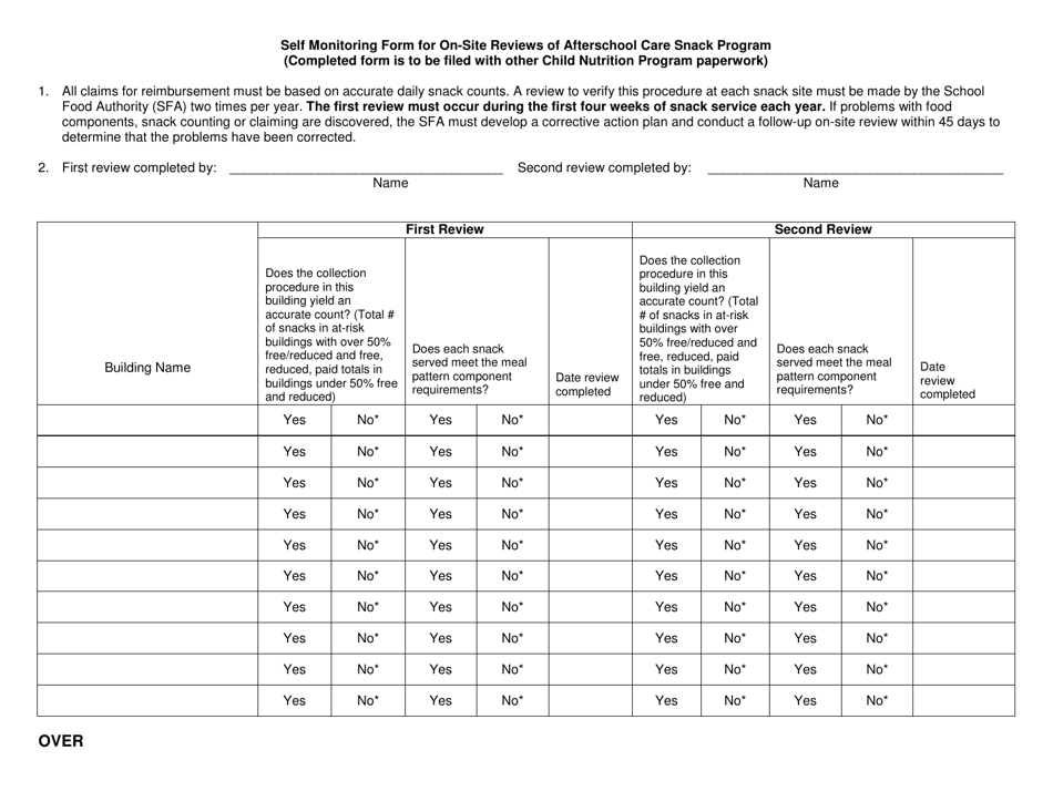 Iowa Self Monitoring Form for on-Site Reviews of Afterschool Care Snack ...