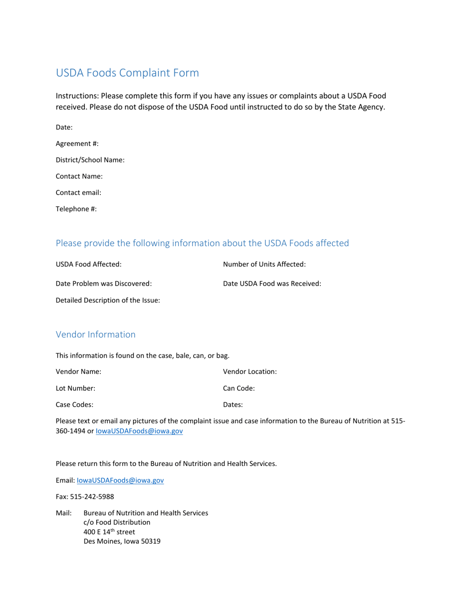 Iowa Usda Foods Complaint Form - Fill Out, Sign Online and Download PDF ...