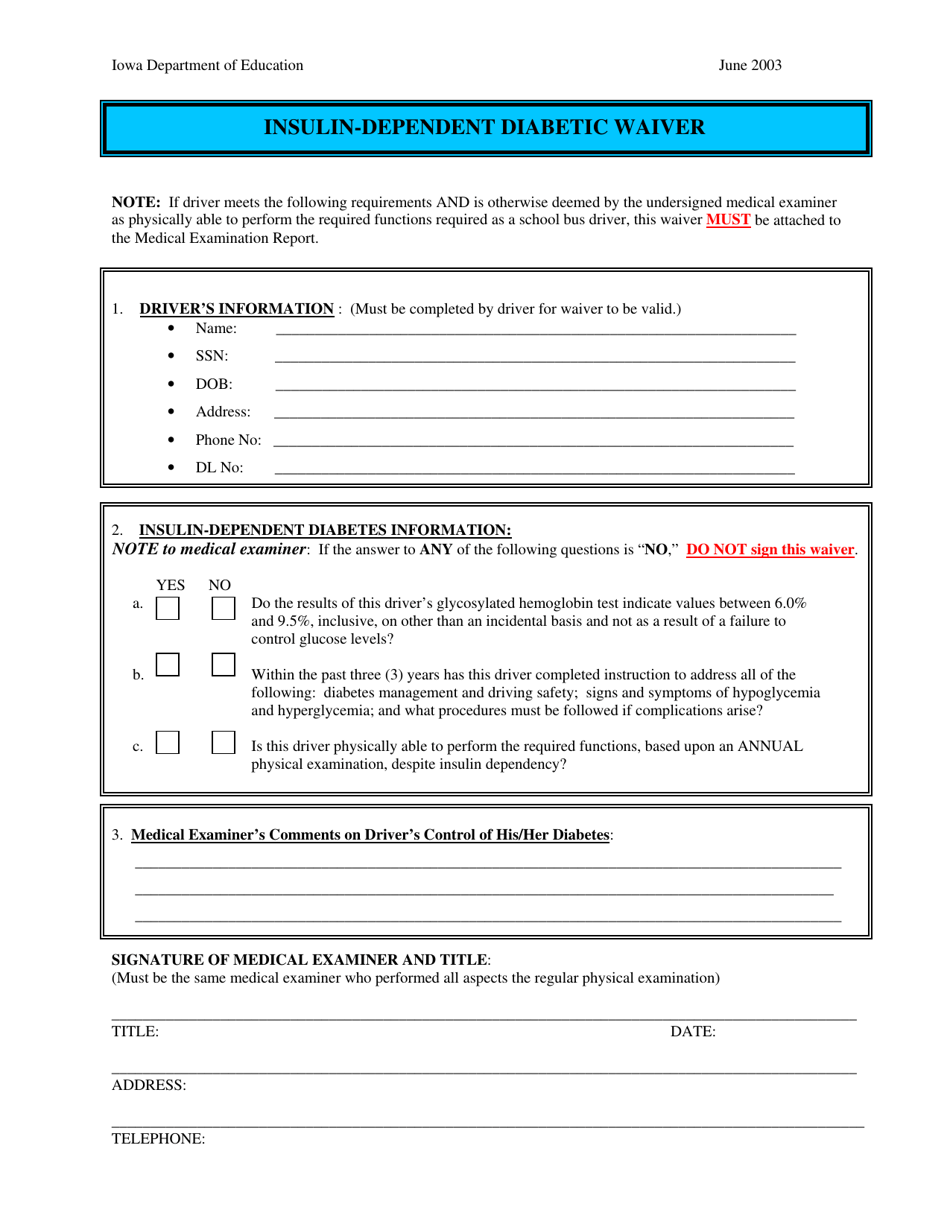 Iowa Insulin-Dependent Diabetic Waiver - Fill Out, Sign Online and ...