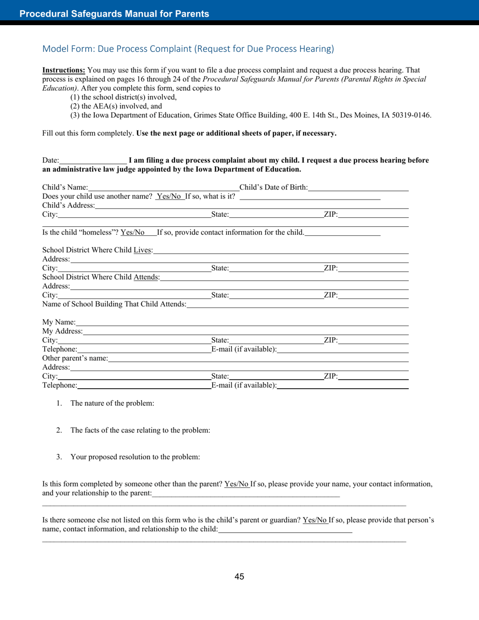 Iowa Model Form: Due Process Complaint (Request for Due Process Hearing ...