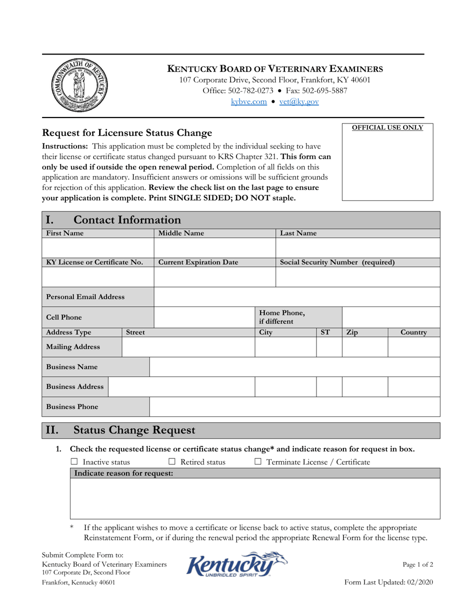 Kentucky Request for Licensure Status Change - Fill Out, Sign Online ...