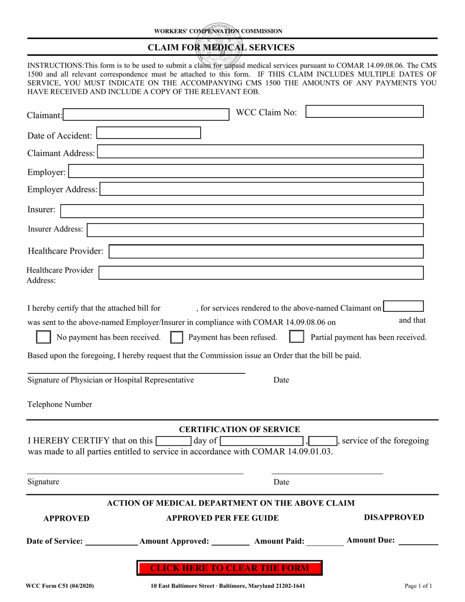 WCC Form C51 Download Fillable PDF or Fill Online Claim for Medical ...