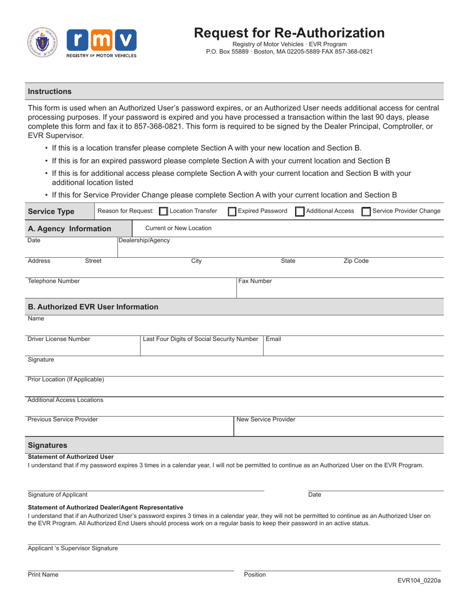 Form EVR104 - Fill Out, Sign Online and Download Fillable PDF, Massachusetts | Templateroller