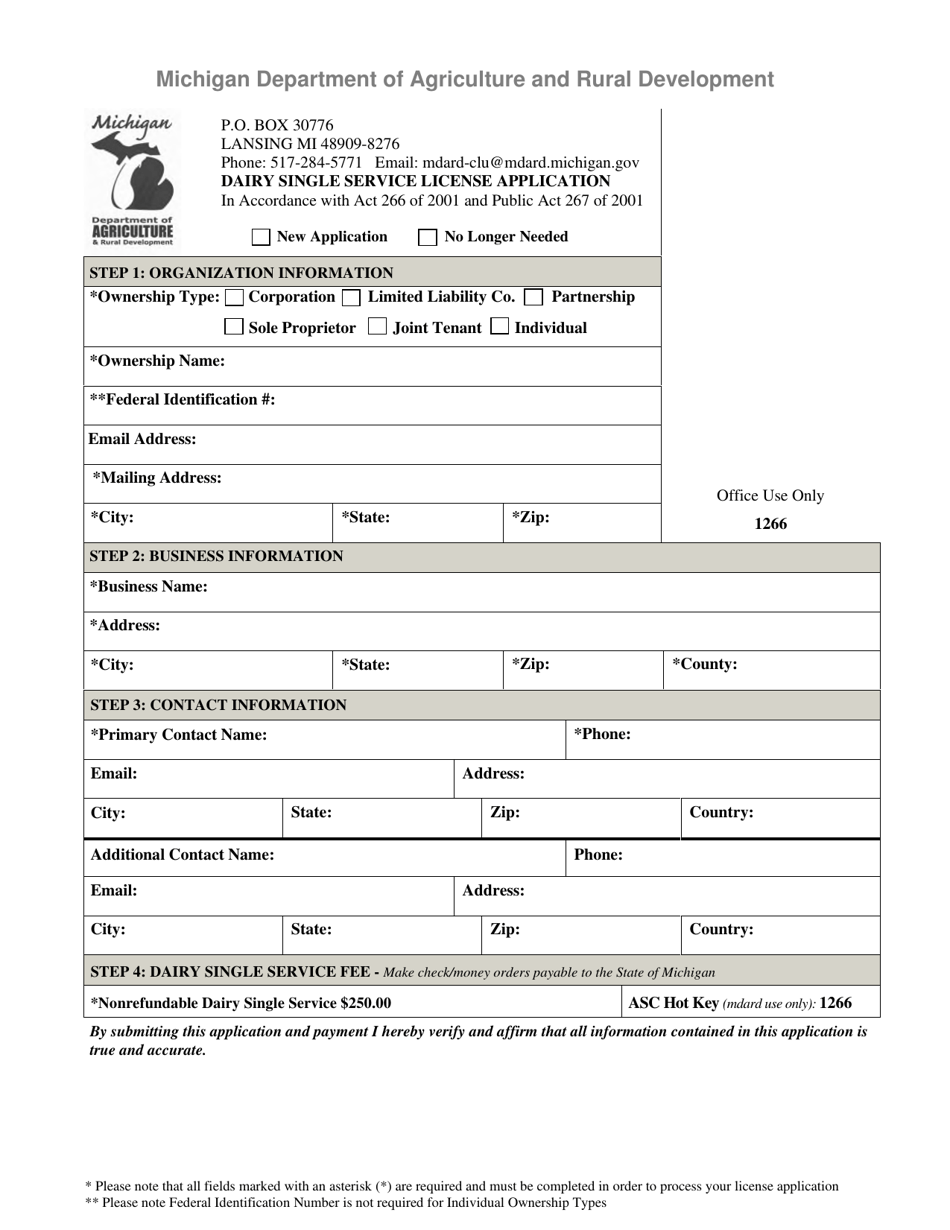 Michigan Dairy Single Service License Application - Fill Out, Sign ...