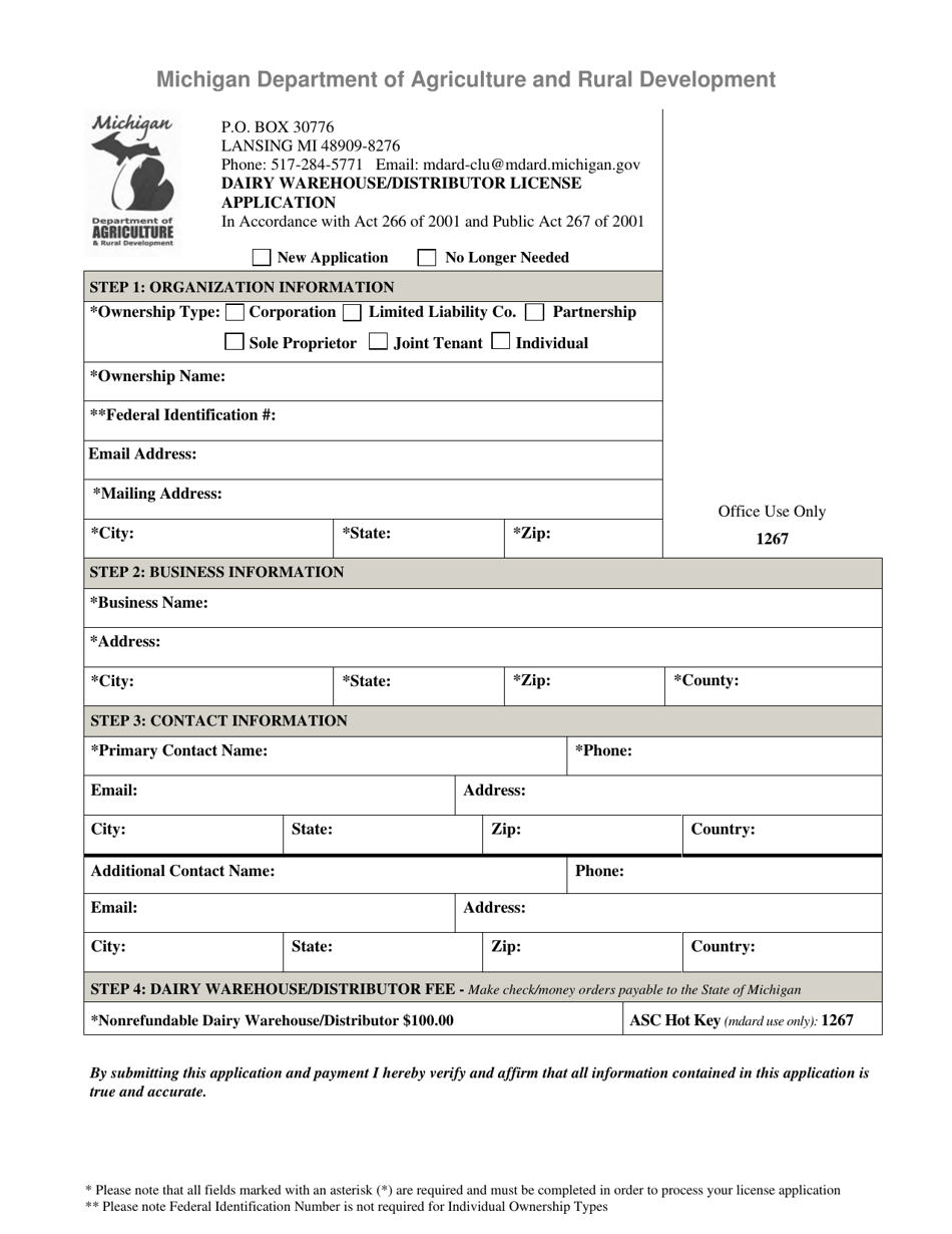 Michigan Dairy Warehouse/Distributor License Application - Fill Out ...