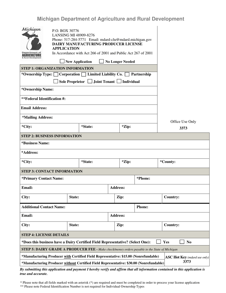 Michigan Dairy Manufacturing Producer License Application Download ...