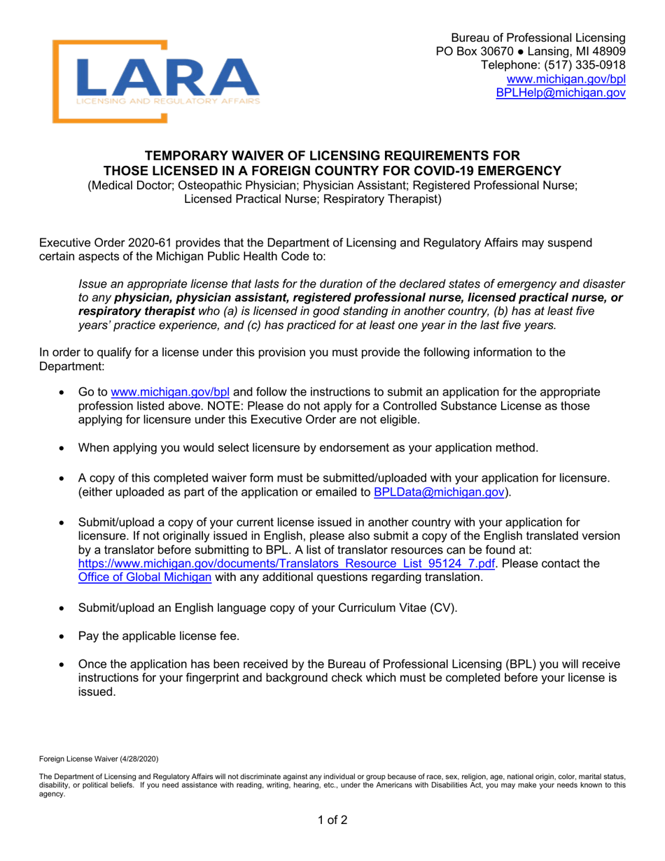 Michigan Temporary Waiver of Licensing Requirement for Those Licensed ...