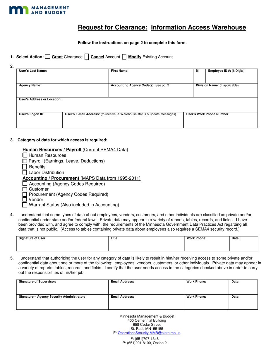 Minnesota Request for Clearance: Information Access Warehouse - Fill ...