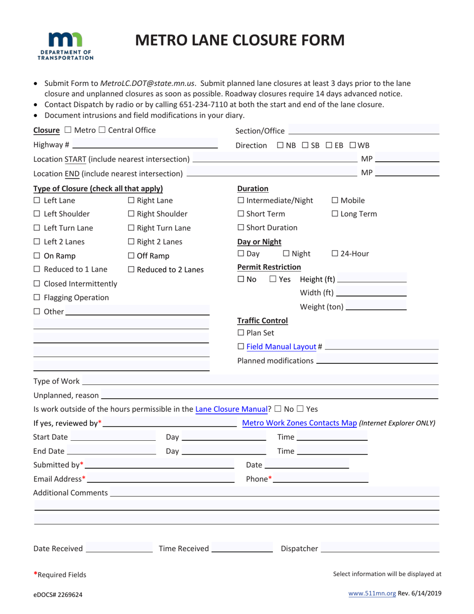 Minnesota Metro Lane Closure Form - Fill Out, Sign Online and Download ...