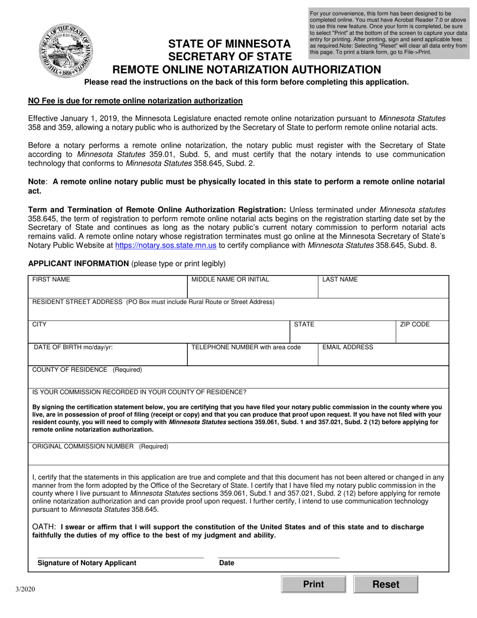 Minnesota Remote Online Notarization Authorization Download Fillable minnesota-remote-online-notarization-authorization-download-fillable