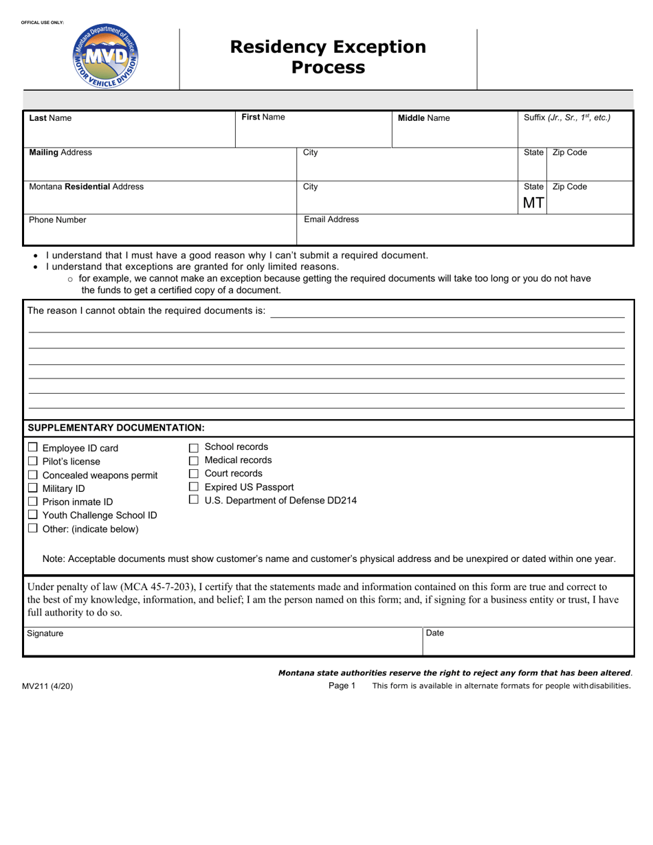 Form MV211 - Fill Out, Sign Online and Download Fillable PDF, Montana ...