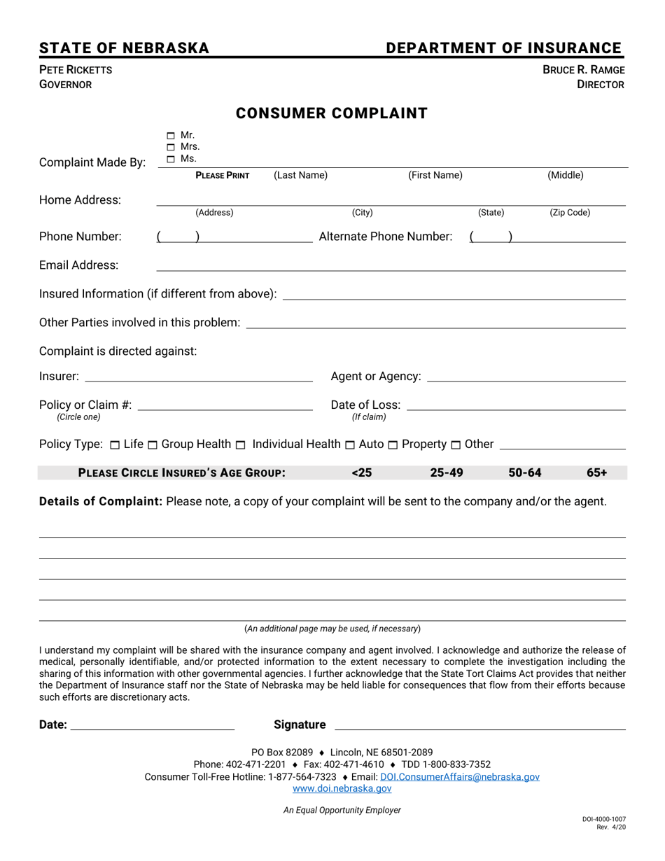 Form DOI-4000-1007 Download Printable PDF or Fill Online Consumer ...