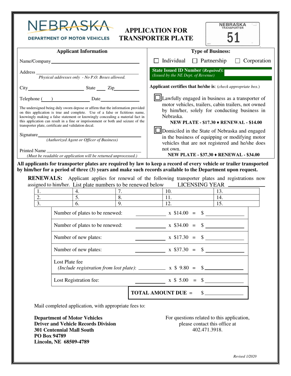 Nebraska Application for Transporter Plate Download Fillable PDF ...