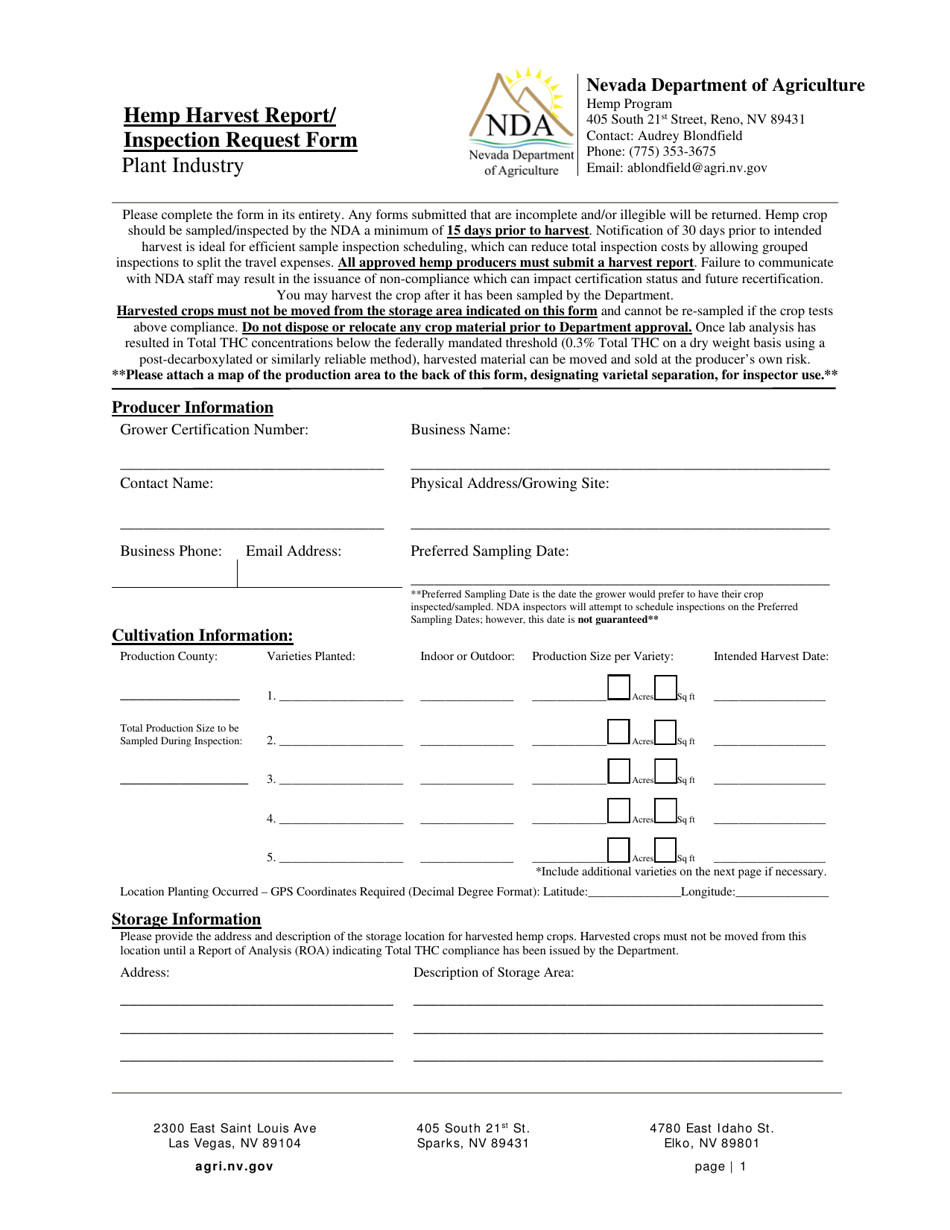Nevada Hemp Harvest Report / Inspection Request Form - Fill Out, Sign ...
