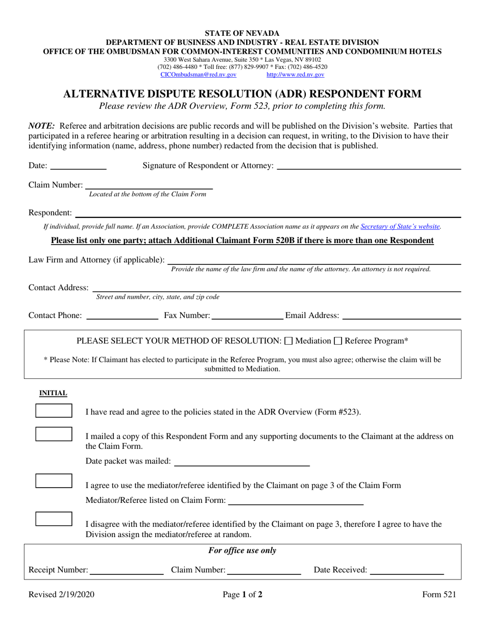 Form 521 Download Fillable PDF or Fill Online Alternative Dispute ...