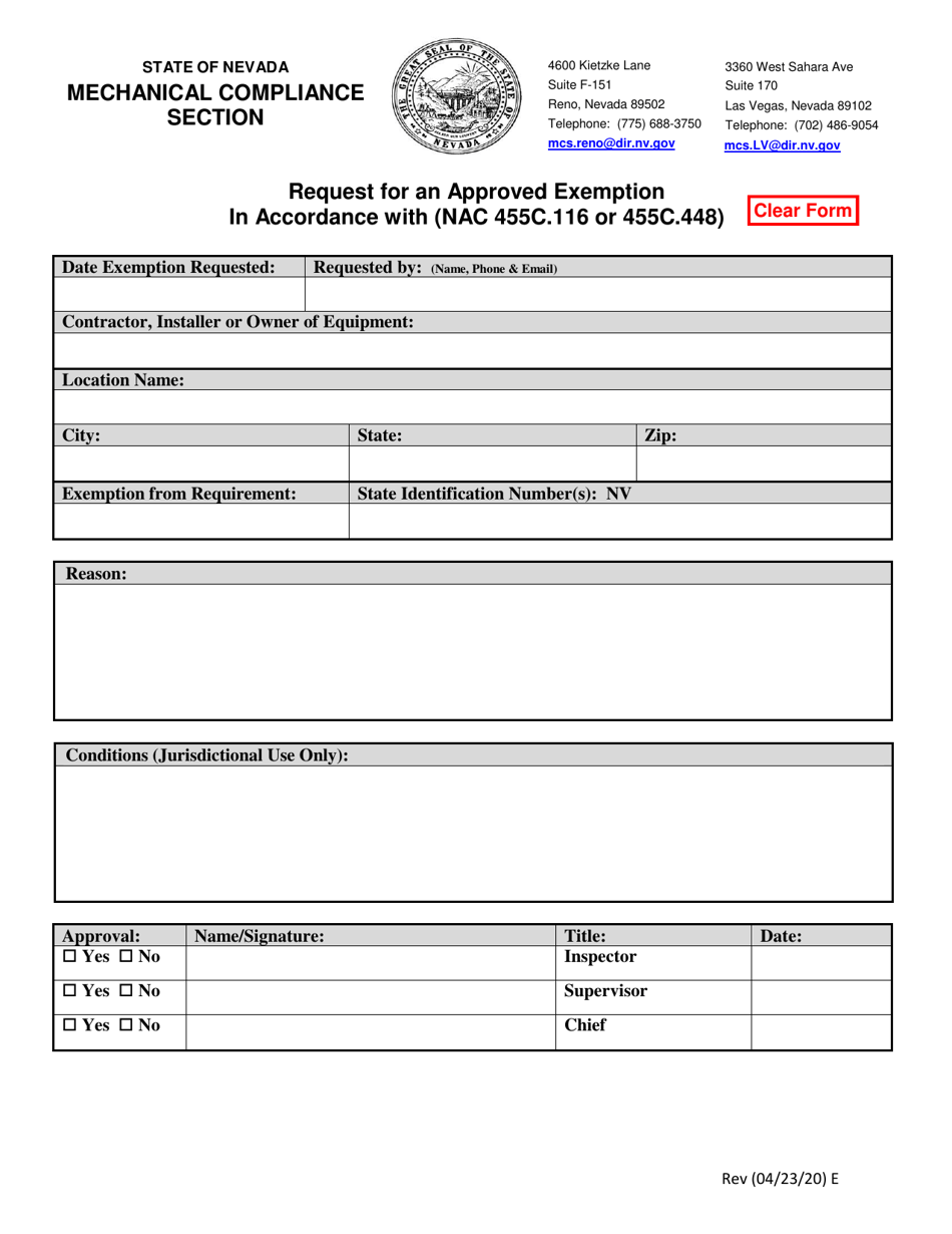 Nevada Request for an Approved Exemption in Accordance With (Nac 455c ...