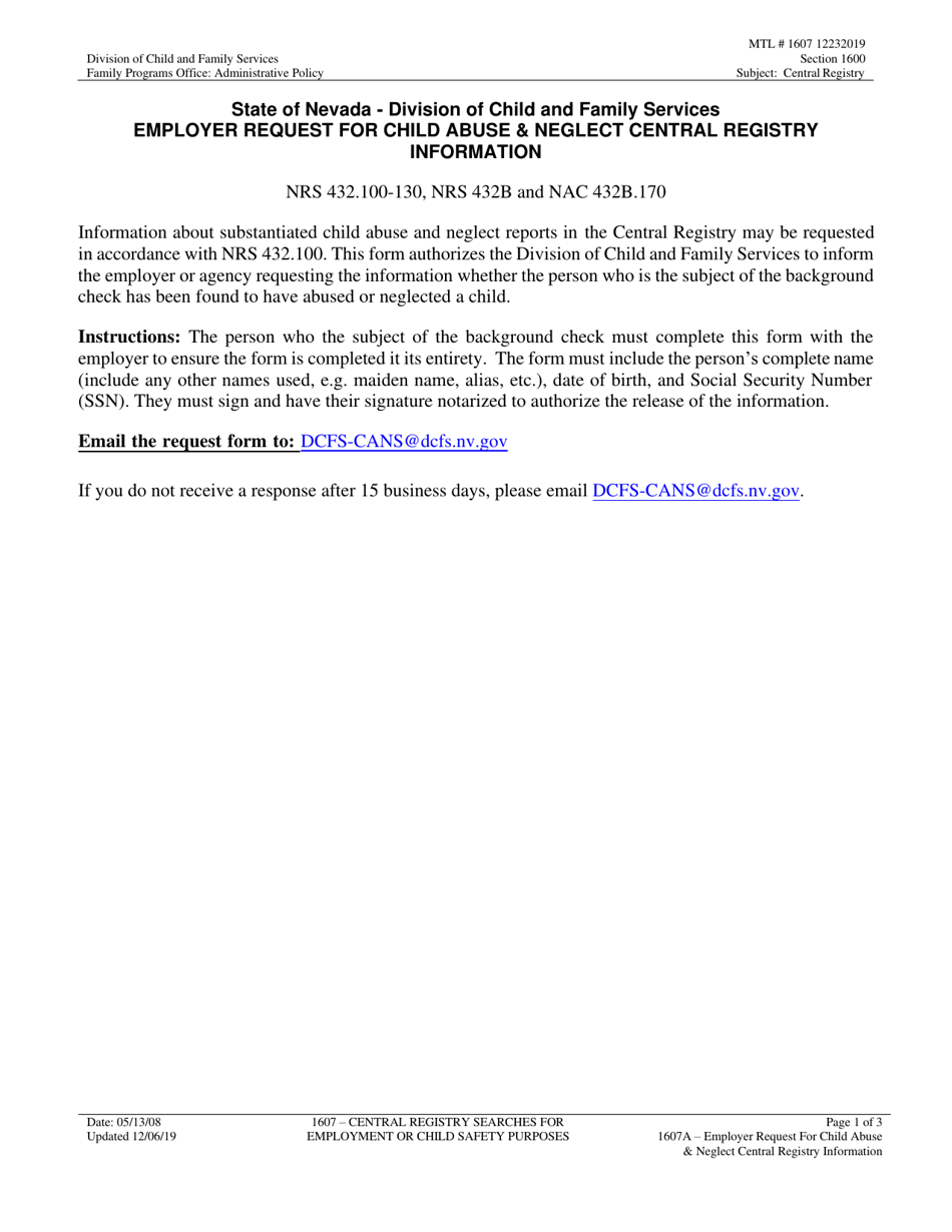 Nevada Employer Request for Child Abuse & Neglect Central Registry ...