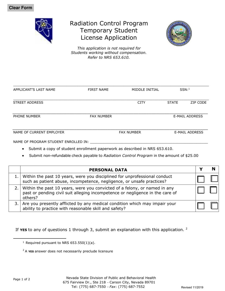 Nevada Radiation Control Program Temporary Student License Application ...