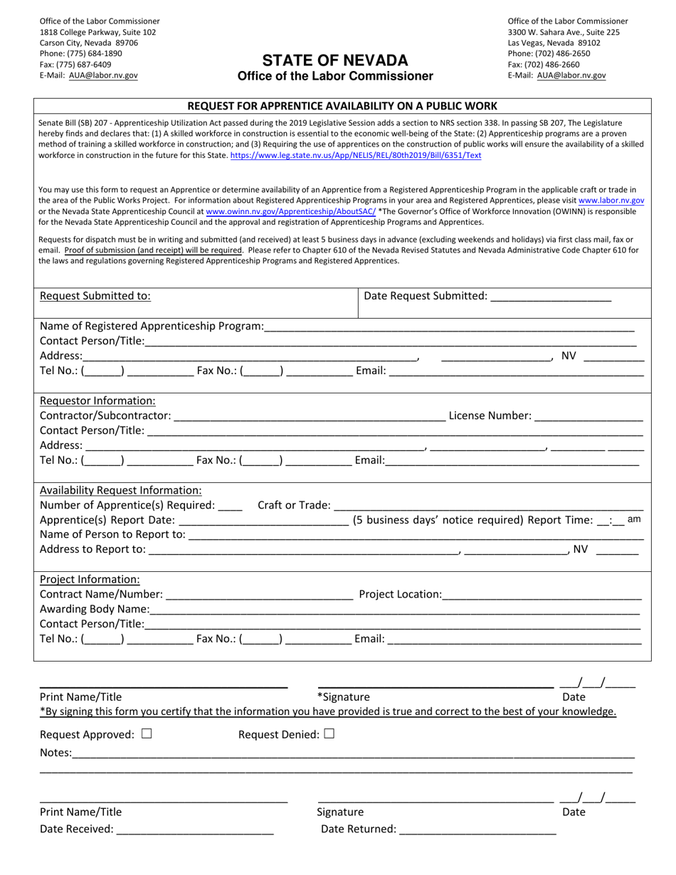 Nevada Request for Apprentice Availability on a Public Work - Fill Out ...