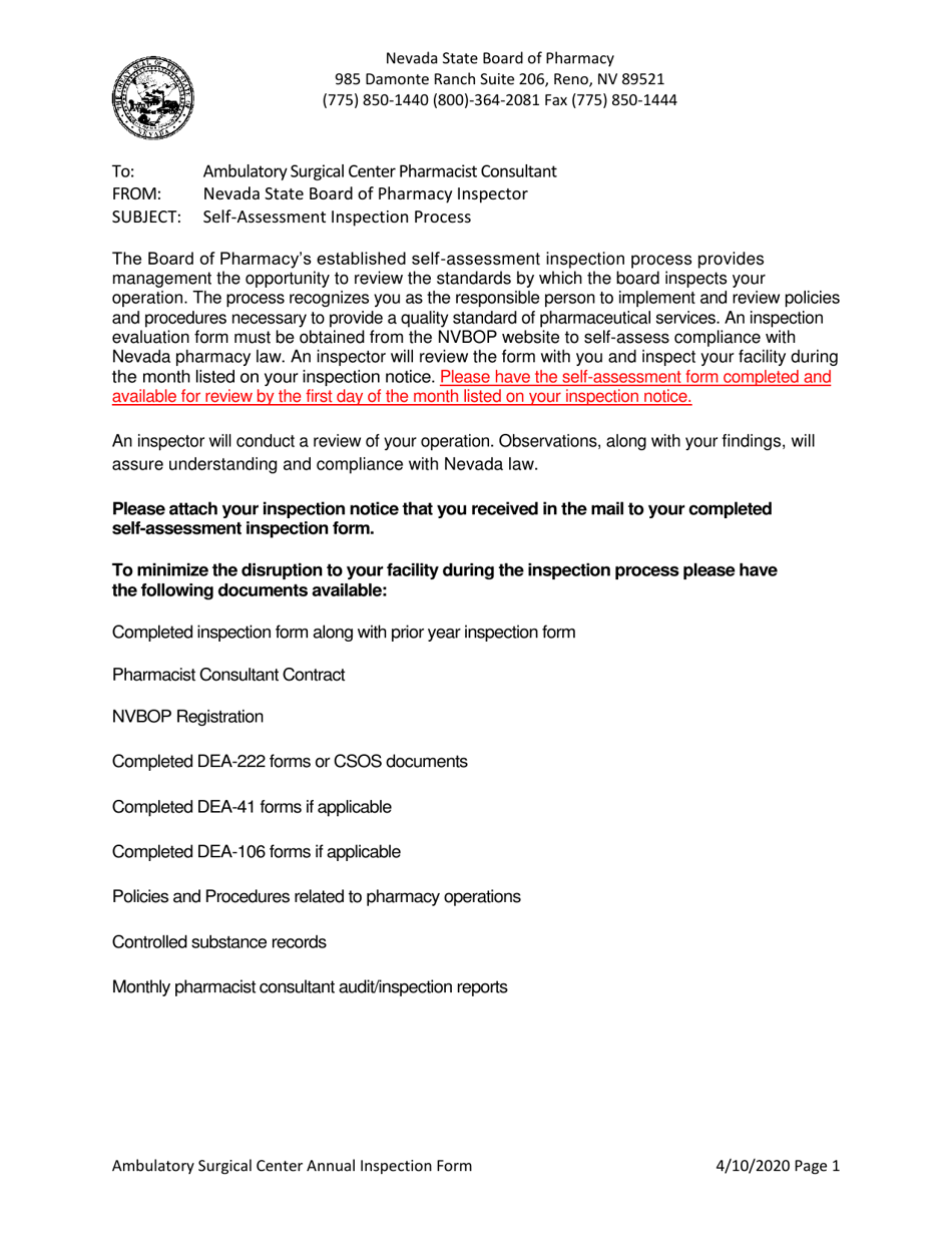 Nevada Ambulatory Surgical Center Annual Inspection Form Download ...