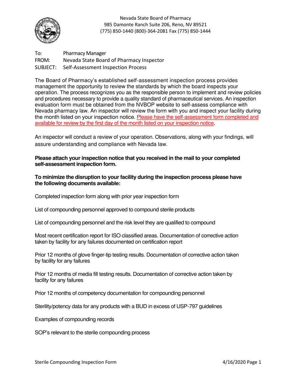 Nevada Sterile Compounding Inspection Form - Fill Out, Sign Online and ...