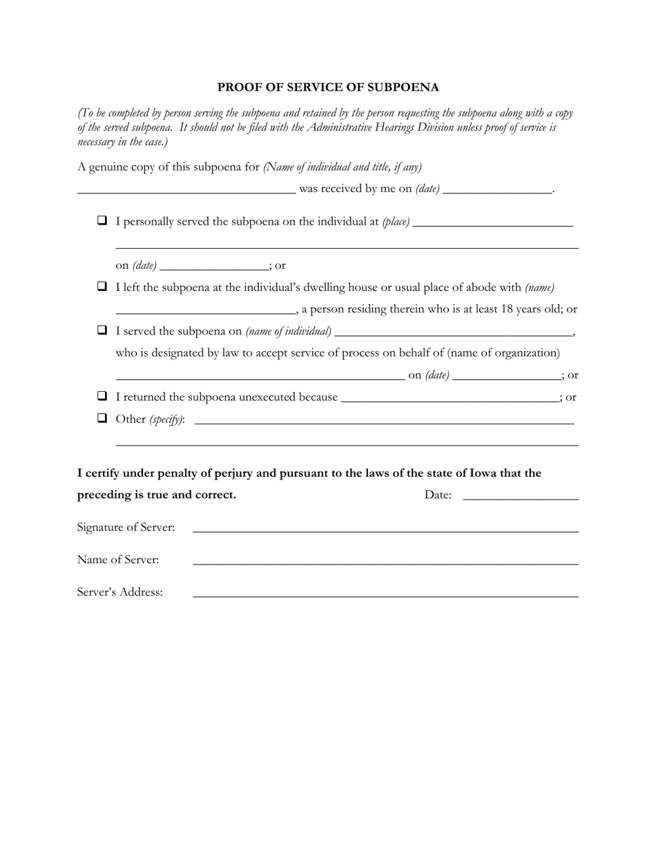 Iowa Proof of Service of Subpoena - Fill Out, Sign Online and Download ...
