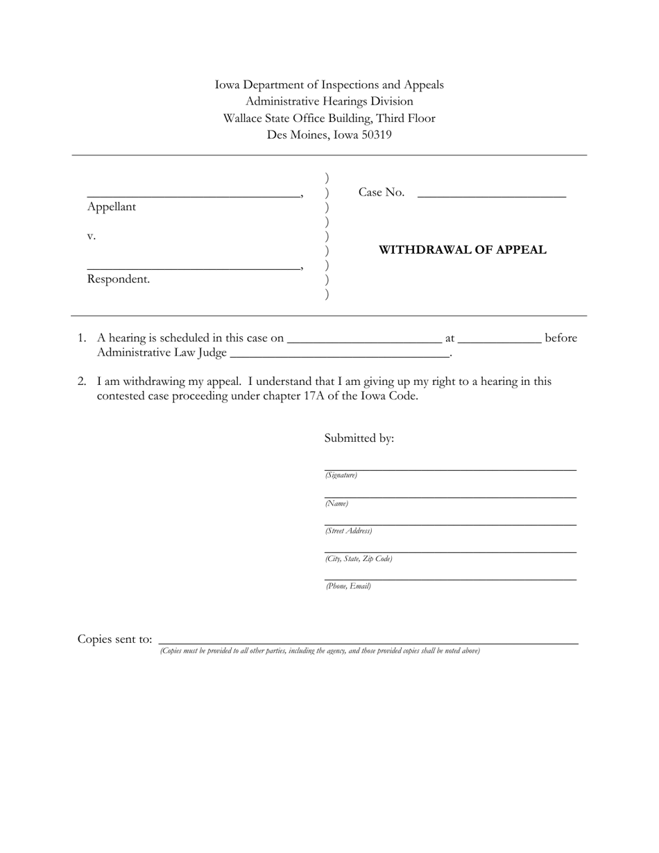 Iowa Withdrawal of Appeal - Fill Out, Sign Online and Download PDF ...