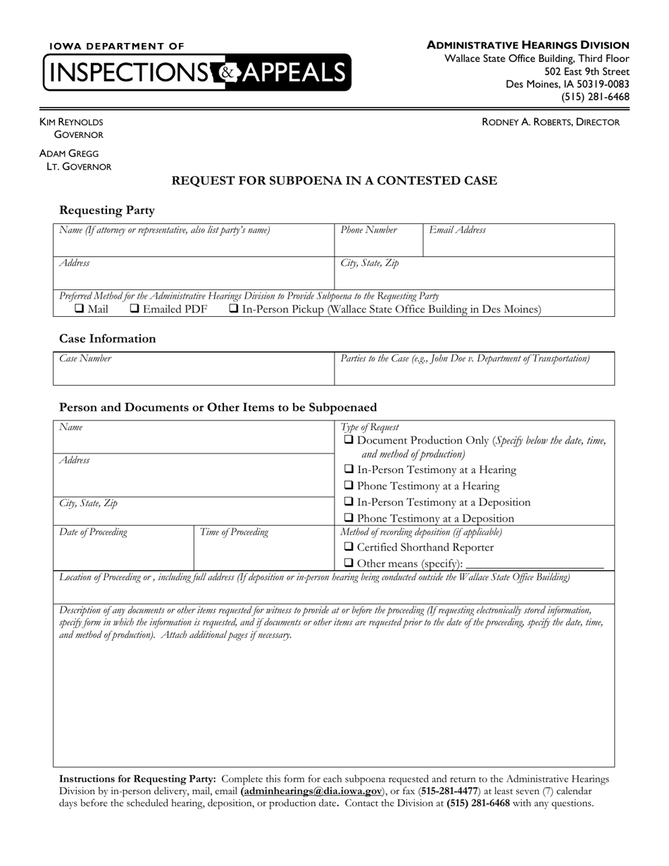 Iowa Request for Subpoena in a Contested Case - Fill Out, Sign Online ...