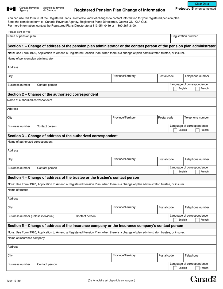 Form T2011 Download Fillable PDF Or Fill Online Registered Pension Plan Form T2011 Download Fillable PDF Or Fill Online Registered Pension Plan